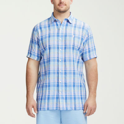 IZOD Premium Linen Big and Tall Mens Classic Fit Short Sleeve Plaid Button-Down Shirt, Color ...