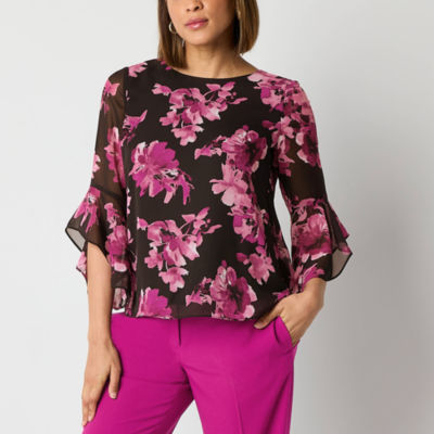 Black Label by Evan-Picone Floral Womens Crew Neck 3/4 Sleeve Blouse, Color: Black Multi - JCPenney