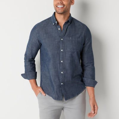 St. John's Bay Mens Chambray Long Sleeve Cuffed Sleeve Classic Fit Button-Down Shirt - JCPenney