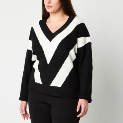 Worthington Womens V Neck Long Sleeve Chevron Pullover Sweater, Color: Chevron - JCPenney