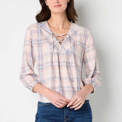 Frye and Co. Plaid Womens Split Tie Neck Long Sleeve Blouse, Color: Sepia Rose Pld Cmb - JCPenney