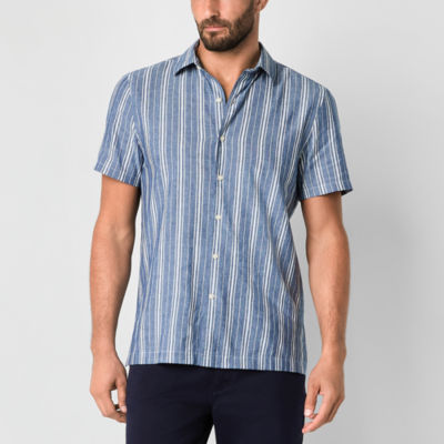 Stafford Linen Blend Mens Short Sleeve Regular Fit Button-Down Shirt, Color: Navy Stripe - JCPenney