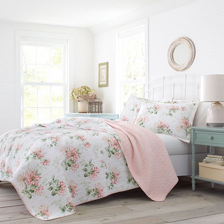 Laura Ashley Honeysuckle Cotton Reversible 3-Pc. Quilt Set  King - Pink