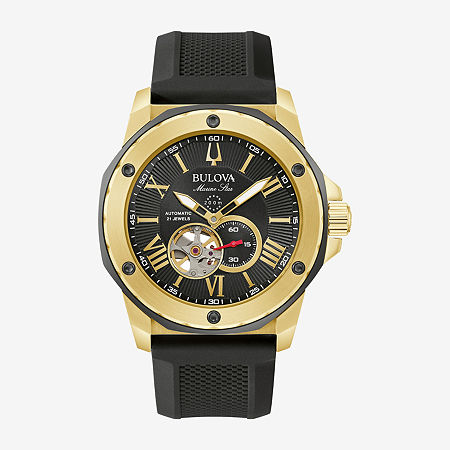 Bulova Mens Automatic Marine Star Black Silicone Strap Watch 45mm - Black