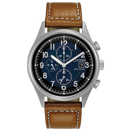 Citizen Mens Eco-Drive Chronograph Brown Leather Strap Watch 42mm CA0621-05L - Brown