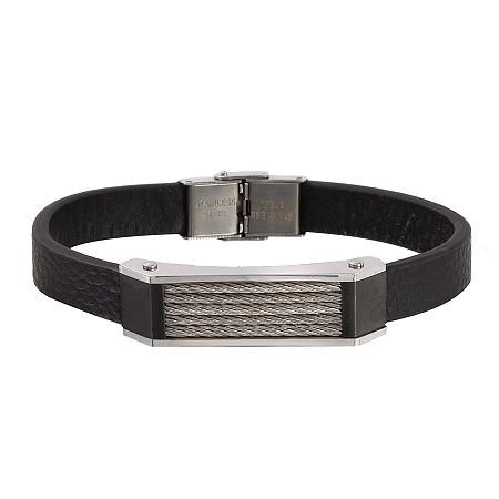 Click here for Mens Two-Tone Stainless Steel Leather Bracelet  On... prices