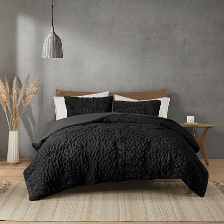 Madison Park Blair Ruched 3-Pc. Faux Fur Comforter Set  Full/Queen - Black