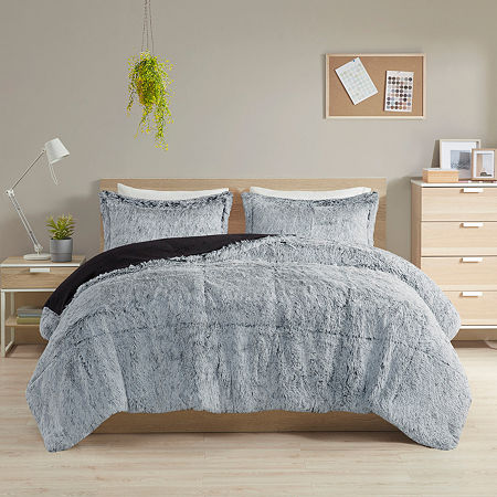 Intelligent Design Malea Shaggy Faux-Fur 3-Pc. Comforter Set  King/California King - Black/whit