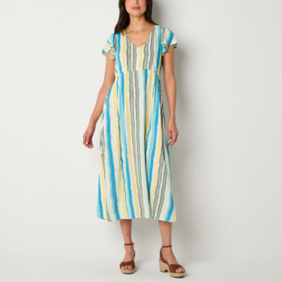 Frye and Co. Short Sleeve Striped Maxi Dress, Color: Watrcolr Lily Pad ...