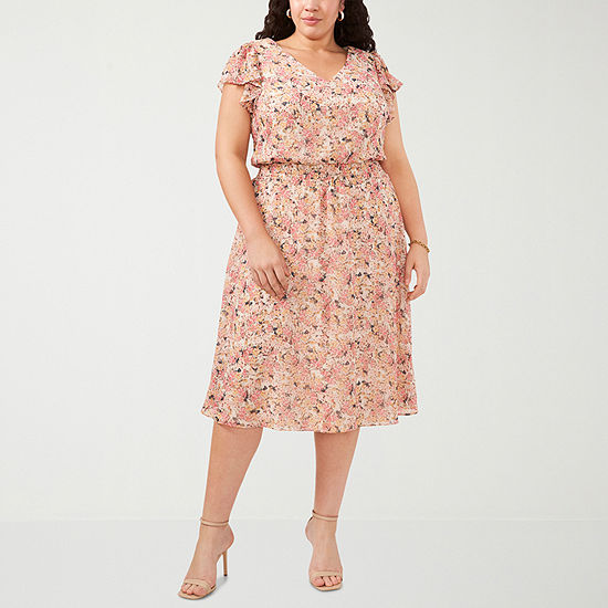 MSK Womens Plus Short Sleeve Floral Midi Fit + Flare Dress, Color: Pink ... MSK Womens Plus Short Sleeve Floral Midi Fit + Flare Dress, Color: Pink ...