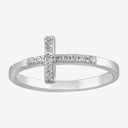 Pave Crystal Thin Cross Ring in Sterling Silver - Silver