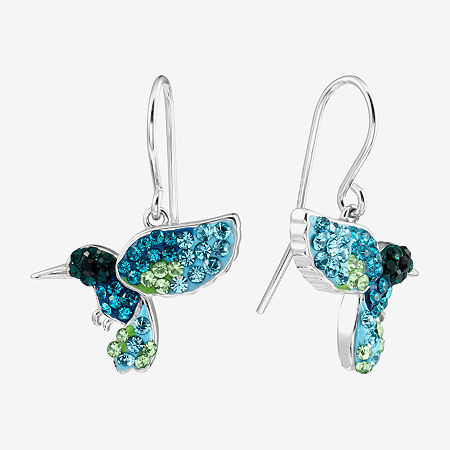 Multi Pave Crystal Hummingbird Wire Drop Earrings set in Sterling Silver - GREEN/BLUE