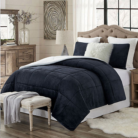 Cathay Home Inc. Plush Faux Fur and Sherpa Reversible Comforter Set  Full/Queen - Navy