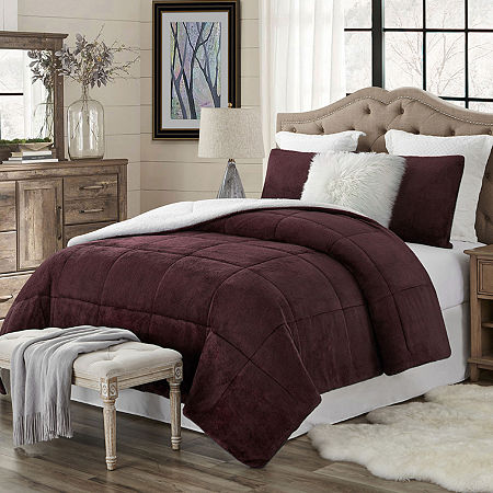 Cathay Home Inc. Plush Faux Fur and Sherpa Reversible Comforter Set  King/California King - Wine