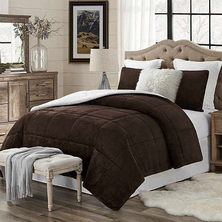 Cathay Home Inc. Plush Faux Fur and Sherpa Reversible Comforter Set  Full/Queen - Chocolate