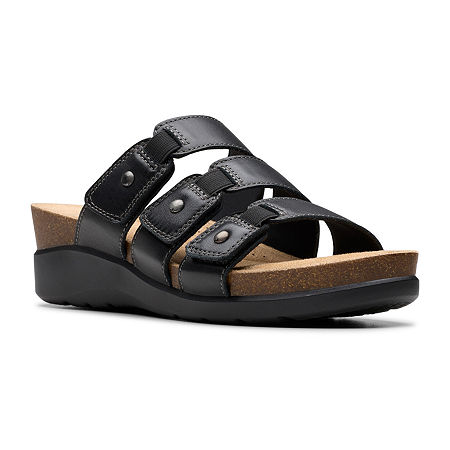 Clarks Collection Womens Calenne Lily Wedge Sandals - Black Leather