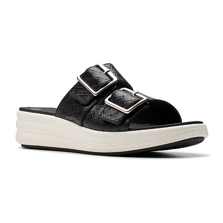 Clarks Womens Drift Buckle Slip-On Slide Wedge Sandals - Black Wove