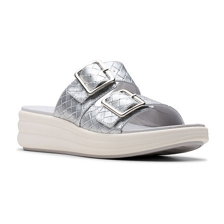 Clarks Womens Drift Buckle Slip-On Slide Wedge Sandals - Silver Metallic Synthetic