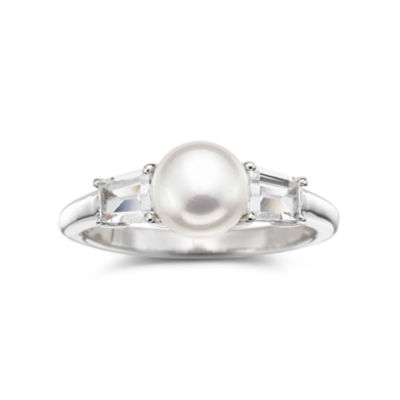 Cultured Freshwater Pearl & Lab-Created White Sapphire 3-Stone Ring in ...
