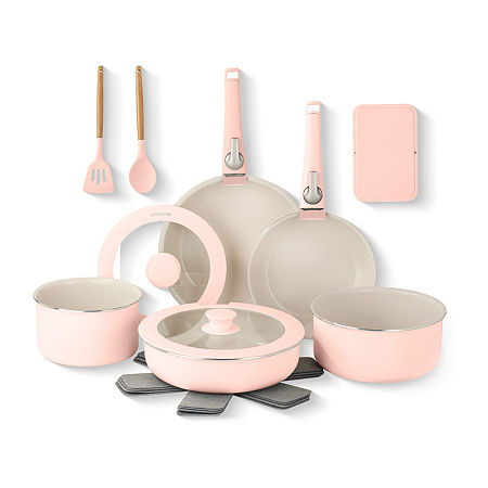 Gotham Steel 18 Piece Ceramic Nonstick Detachable Handle Cookware Set - Pastel pink