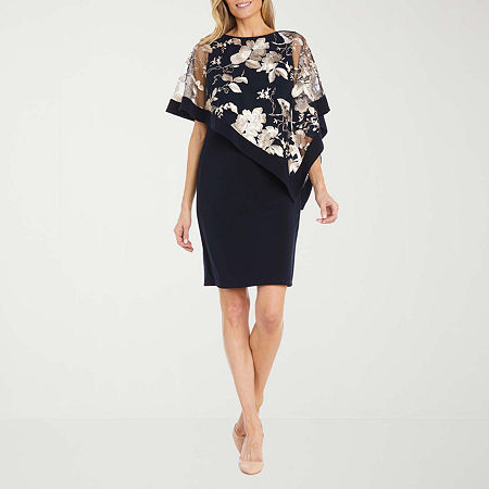 R & M Richards Overlay Womens Short Sleeve Floral Sheath Dress  4  Blue