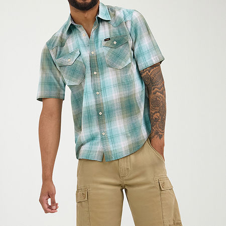 Click here for Wrangler Mens Regular Fit Short Sleeve Plaid Butto... prices