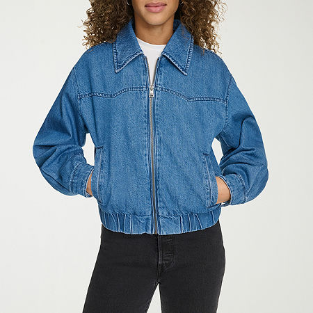 Levis Womens Western Zip-Front Denim Bomber Jacket - Medium Wash Denim