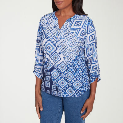 Alfred Dunner Free Spirit Womens Split Crew Neck 3/4 Sleeve T-Shirt