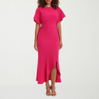 London Style Womens Short Sleeve Midi Fit + Flare Dress, Color: Fuchsia ...