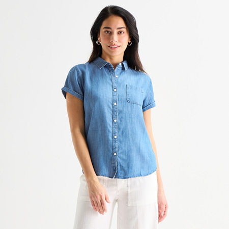 Click here for St. Johns Bay Womens Short Sleeve Regular Fit Butt... prices