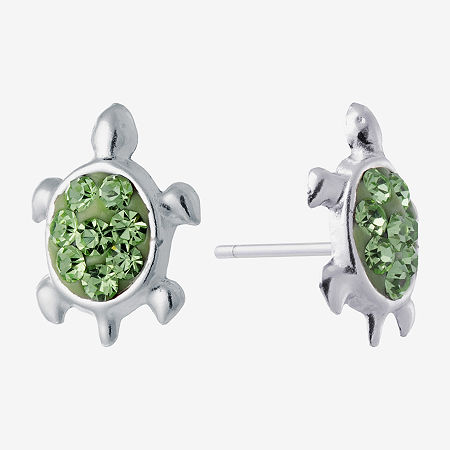 Green Crystal Pave Turtle Stud Earrings in Sterling Silver - Green