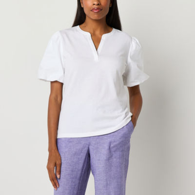 Liz Claiborne Womens Split Crew Neck Short Sleeve Blouse, Color: White ...