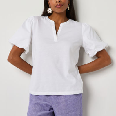 Liz Claiborne Womens Split Crew Neck Short Sleeve Blouse, Color: White ...
