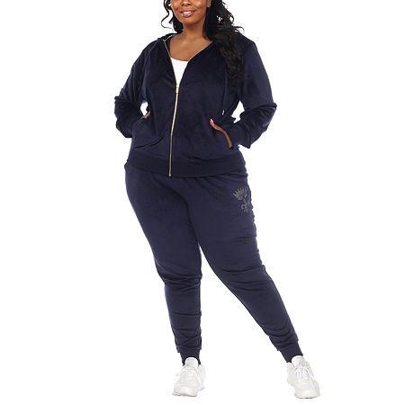 White Mark Plus Size Rhinestone Velour Tracksuit 2 Piece Set - Navy