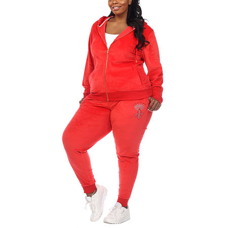 White Mark Plus Size Rhinestone Velour Tracksuit 2 Piece Set - Red