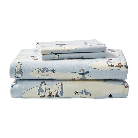 Eddie Bauer Printed Cotton Flannel 4-Pc. Sheet Set  King - Skating Penguins
