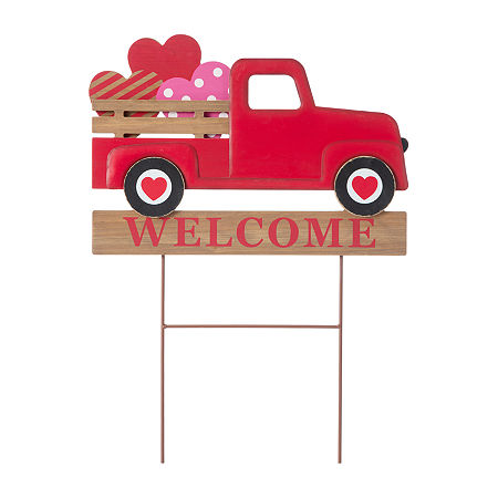 Glitzhome 24 Metal and Wooden Valentines Truck Yard Stake or Hanging Sign - Red