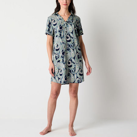 Liz Claiborne Womens Poplin Short Sleeve Nightshirt  Medium  Blue