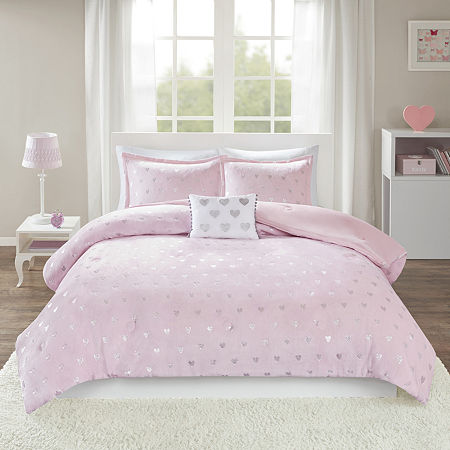 Intelligent Design Rosalie Metallic Heart 4-Pc. Comforter Set  Full/Queen - Pink/Silver