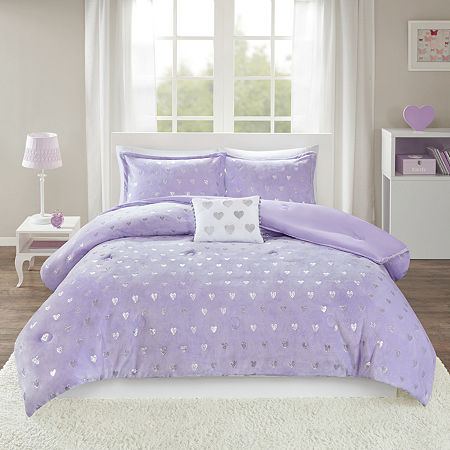 Intelligent Design Rosalie Metallic Heart 4-Pc. Comforter Set  Full/Queen - Purple/Silver