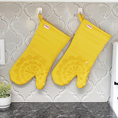 T-Fal Medallion Print Silicone and Cotton Twill Oven Mitt  Set of 2 - Lemon