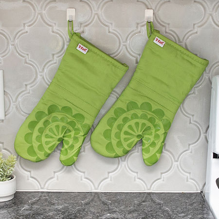 T-Fal Medallion Print Silicone and Cotton Twill Oven Mitt  Set of 2 - Green