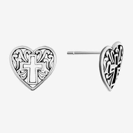 Athra Sterling Silver Cut-Out Cross Heart Stud Earrings