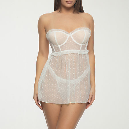 Jezebel Womens Margot Longline Strapless Babydoll with G-String Set - Cloud Dancer
