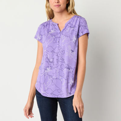 Liz Claiborne Womens Split Crew Neck Short Sleeve Blouse - JCPenney