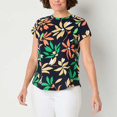 Liz Claiborne Womens Crew Neck Short Sleeve Blouse  Petite Medium  Blue
