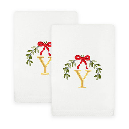 Linum Home Christmas Mistletoe Monogram White Embroidered Luxury Turkish Cotton Hand Towels  2 Piece Set - Y