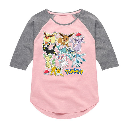 Little & Big Kid Girls Crew Neck Elbow Sleeve Regular Fit Pokeman Graphic T-Shirt  Large  Pink