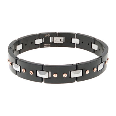 Mens Black IP Stainless Steel and Tungsten Bracelet with Rose IP Screws ...