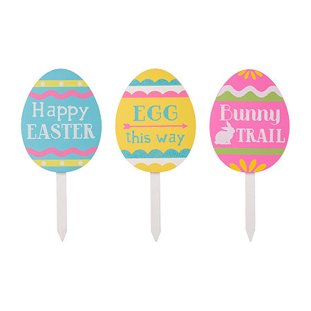 Glitzhome Set of 3 15H Wooden Easter Egg Yard Stake - Multi
